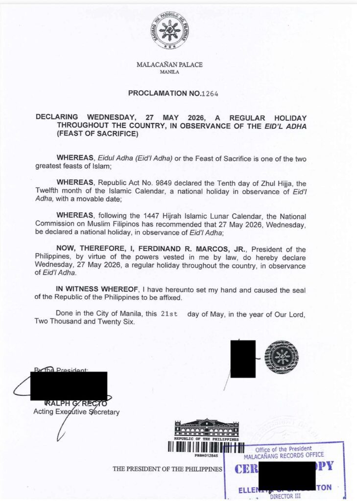 Malacañang declares May 27 a regular holiday for Eid’l Adha - Pampanga News